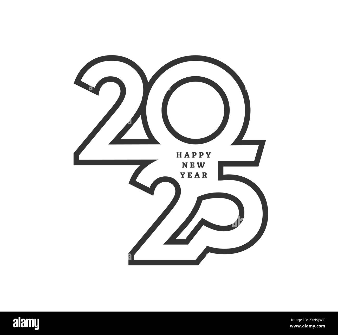 2025 calendar number and Happy New Year holiday font in outline, vector ...
