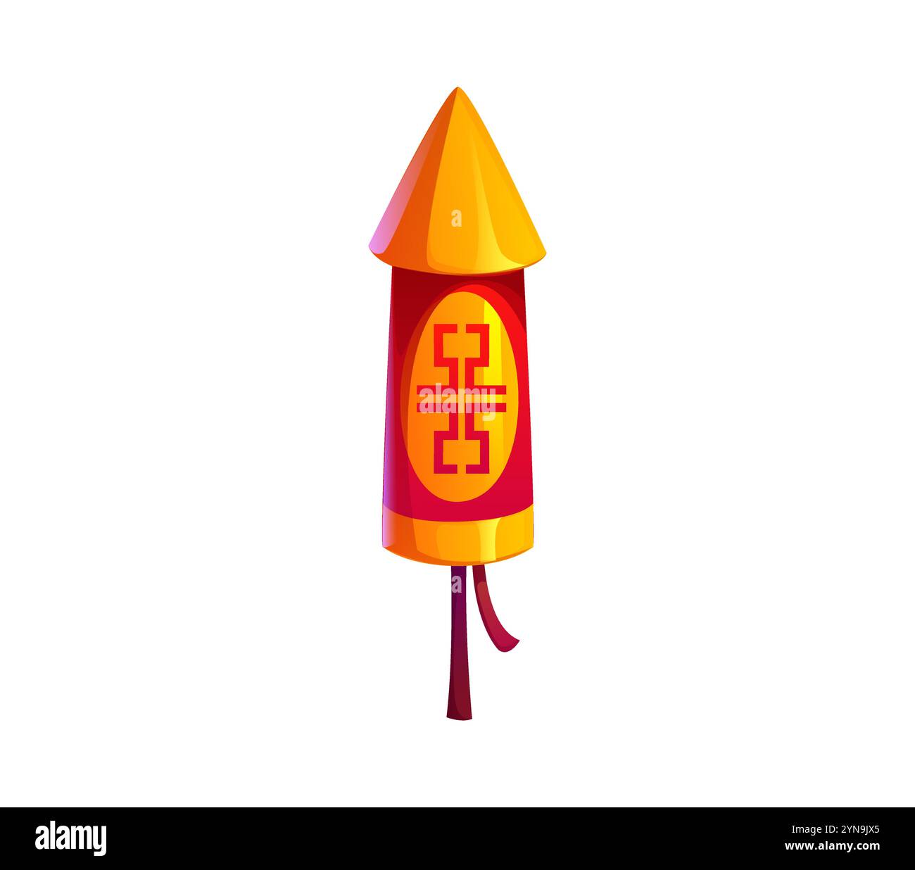 Bright red and yellow firework rocket with a traditional Chinese symbol ...