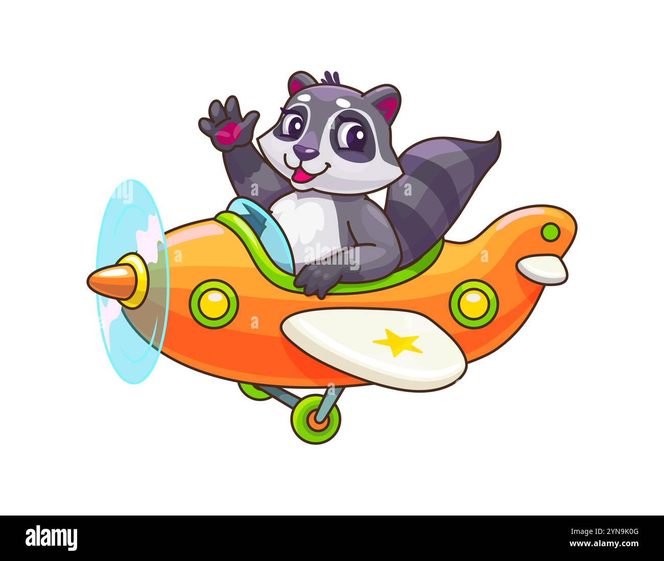 Cartoon raccoon animal kid pilot on plane, baby character flying on ...