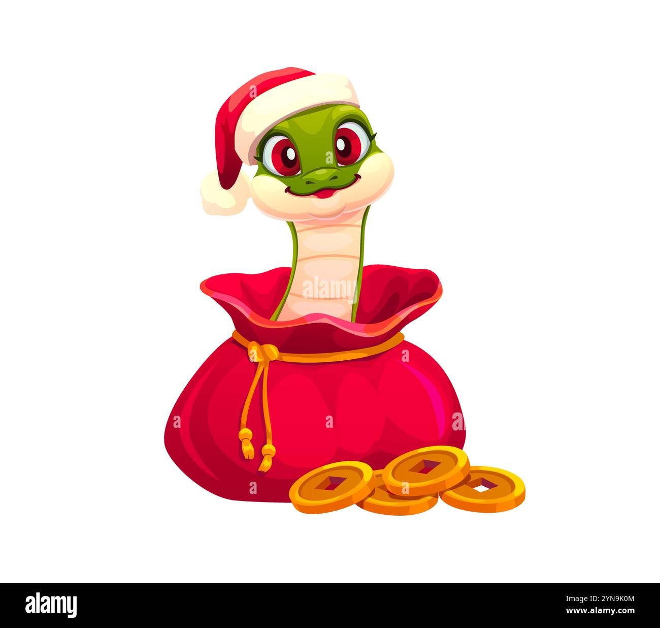 Cartoon snake character sits inside a red bag adorned with a golden ...