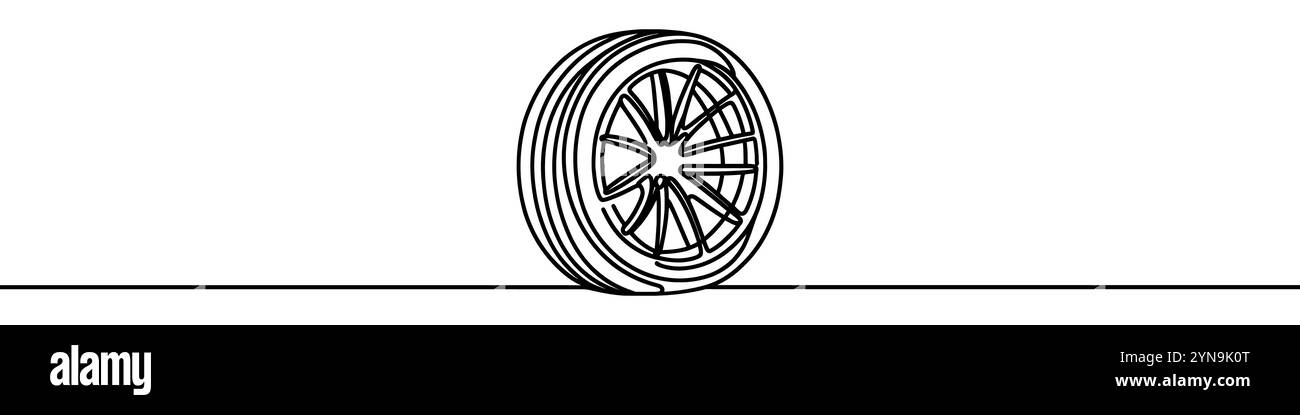 One continuous line illustration of a car wheel, isolated on white ...