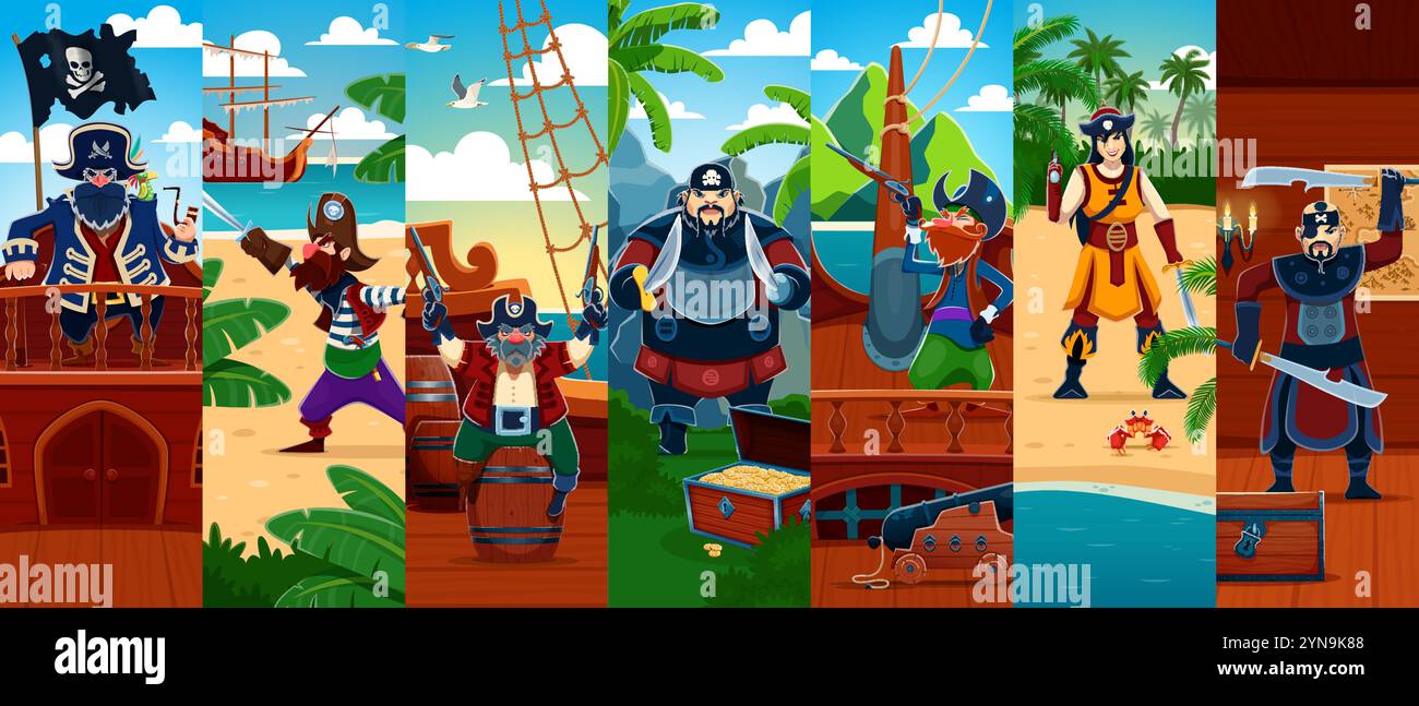 Cartoon pirate and corsair characters collage of captain, skipper and boatswain, vector ...