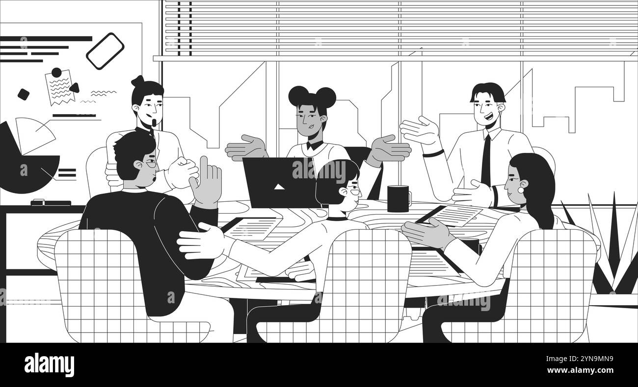 Successful roundtable discussion black and white line illustration ...