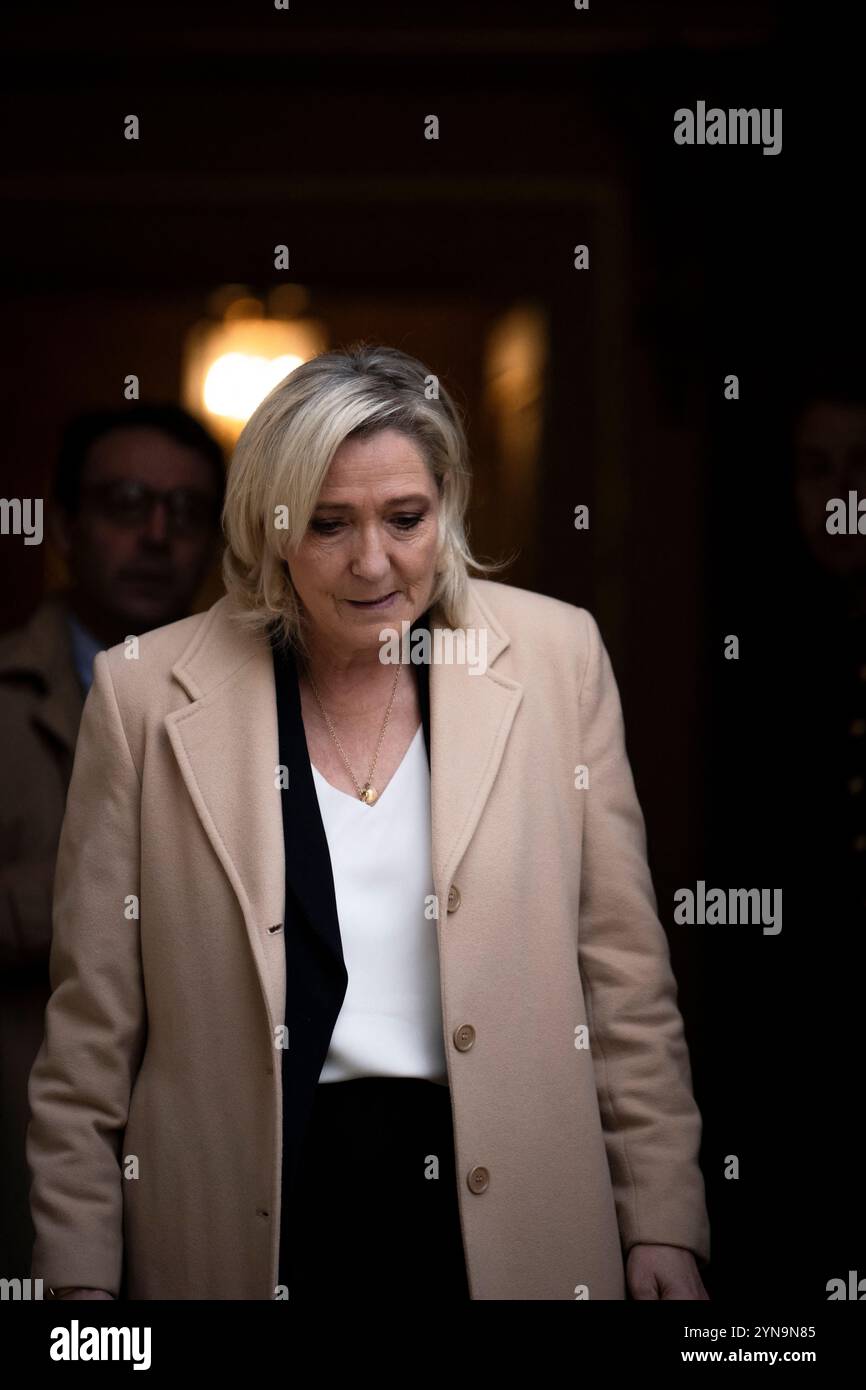 Paris, France. 25th Nov, 2024. Marine Le Pen ( gestures and looks ...