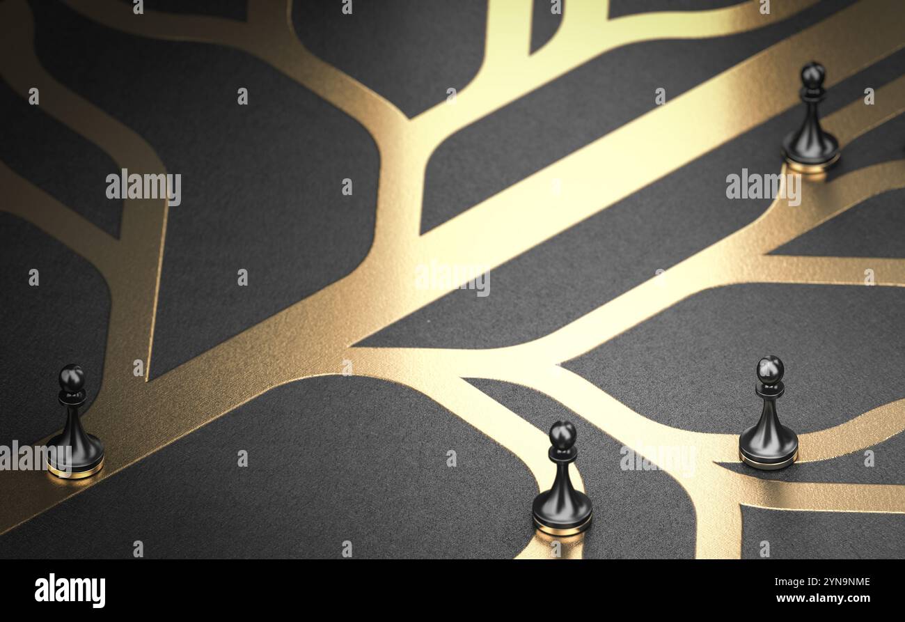 Concept of changing fate or life changes with pawns with pawns and different paths. 3d ...