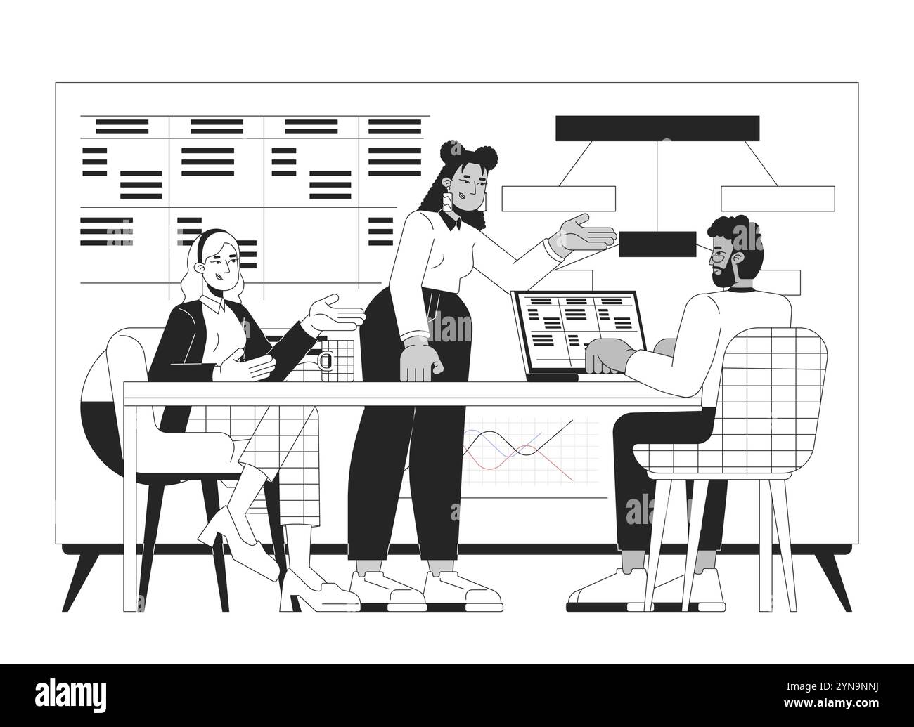 Productive collaboration in meeting room linear illustration Stock ...