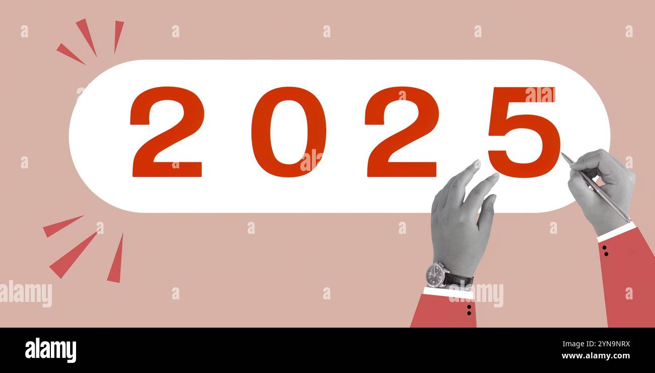 2025 Countdown with Hands and Pen Illustrating Year on Beige Background ...