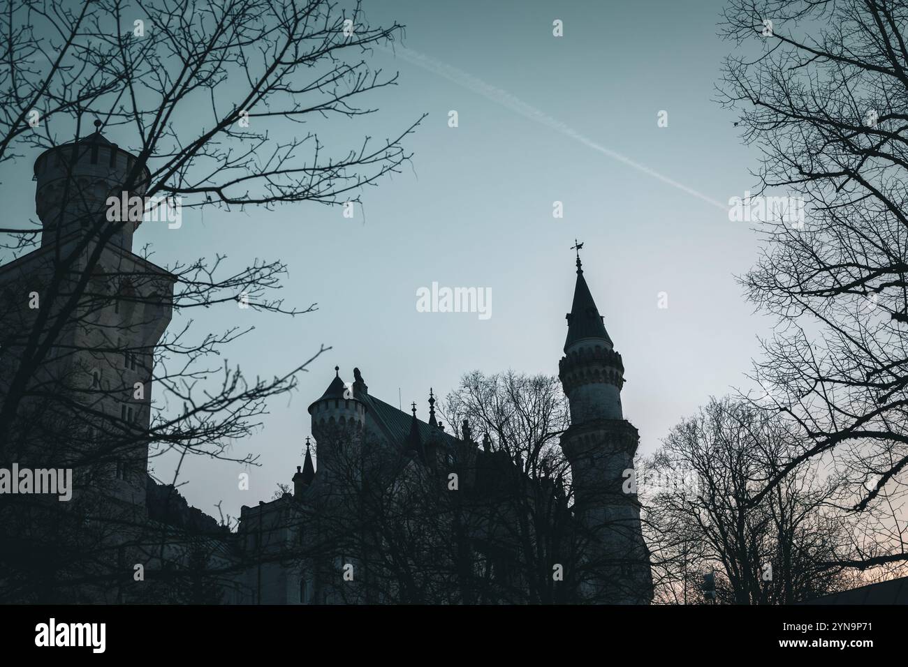 View of the Neuschwanstein Castle, 19th-century romantic architecture ...