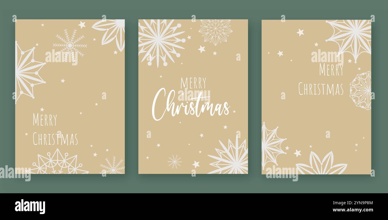 Holiday set of Merry Christmas greeting cards. Three vertical cards in one style. Winter golden ...