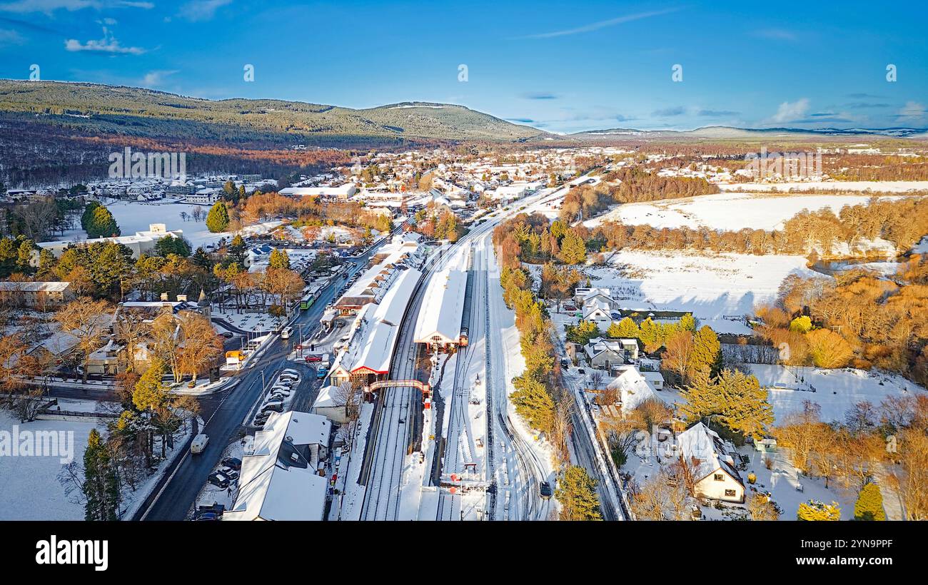 Aviemore Highland Scotland winter snow over the town and Grampian Road ...