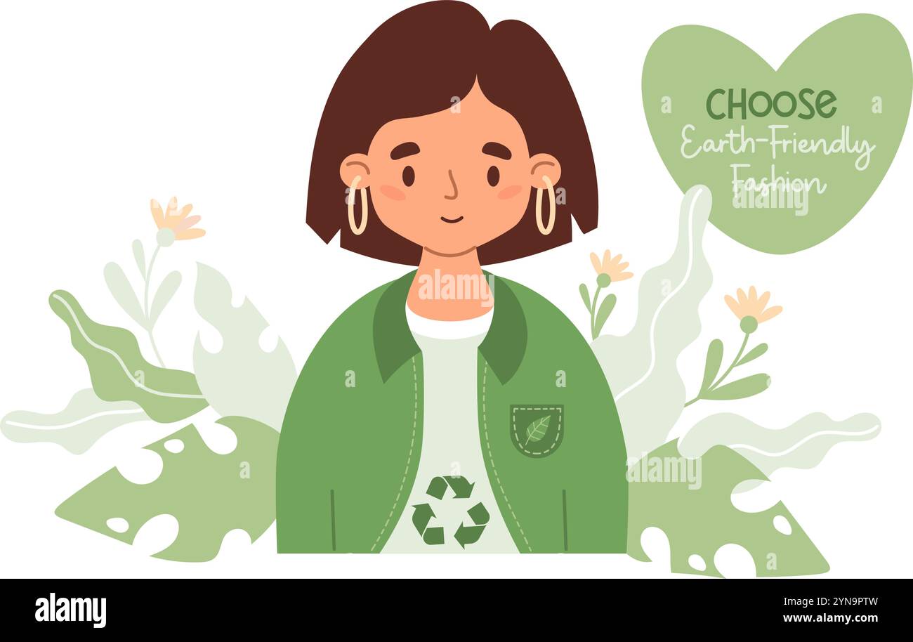 Young girl in fashionable recycling textile clothes. Eco friendly ...