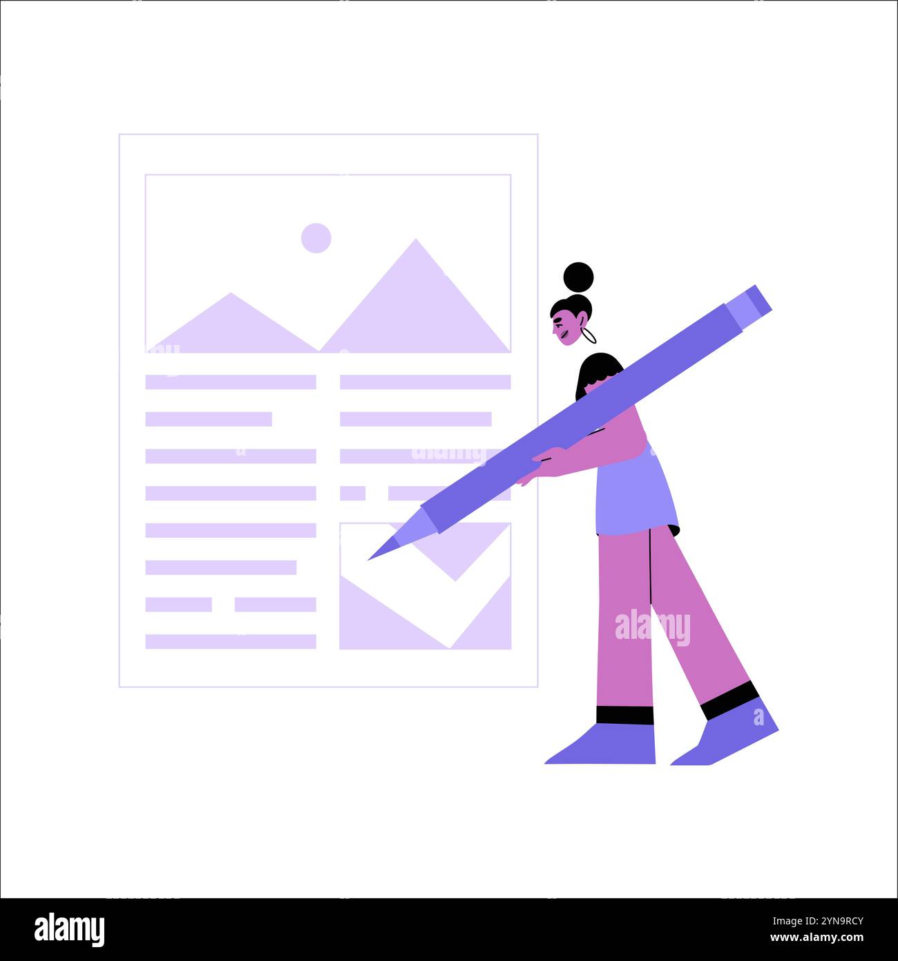 Female Character Holding Large Pencil Next To Document In Flat Vector ...
