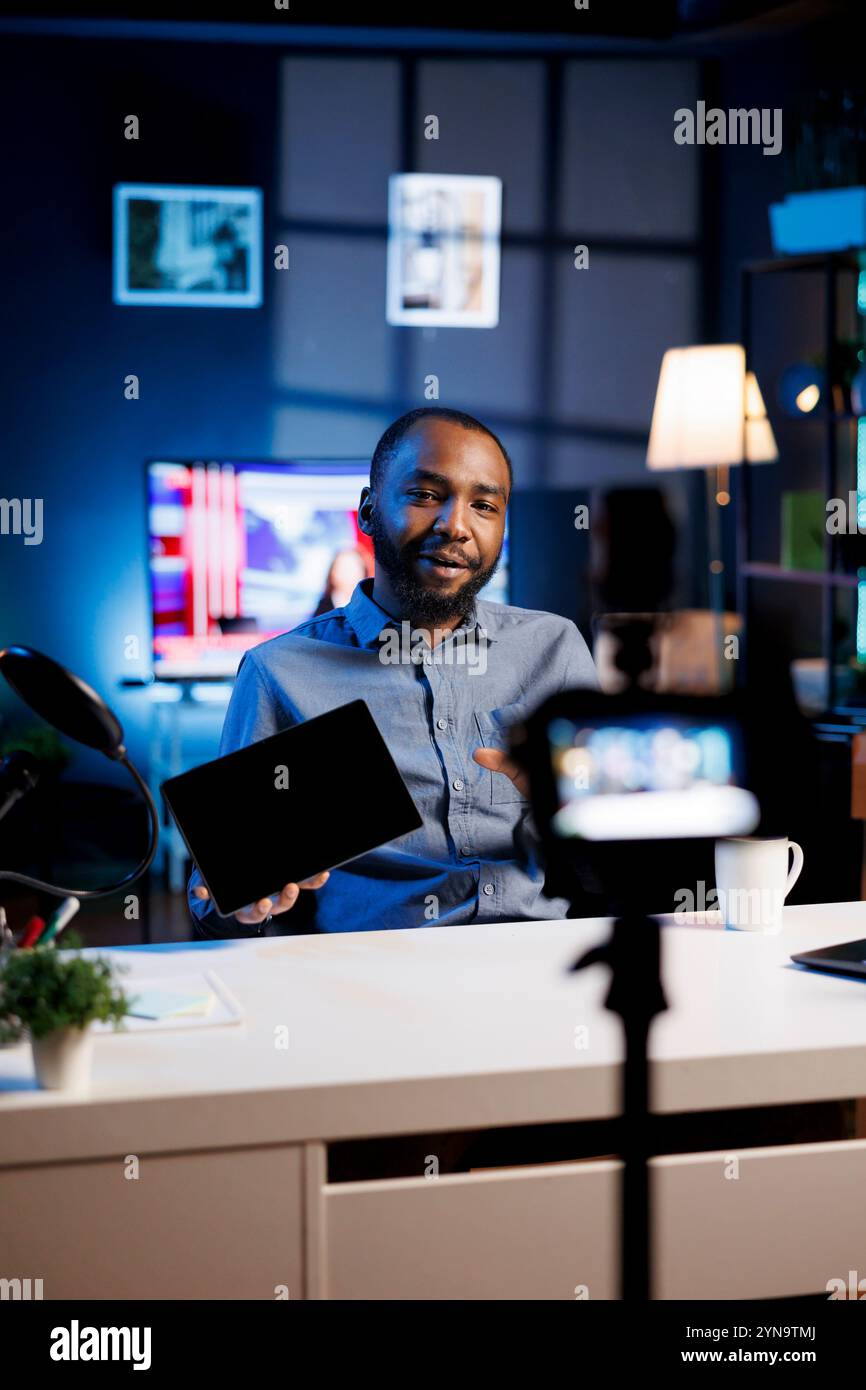 African american streamer doing live broadcast talking to audience ...