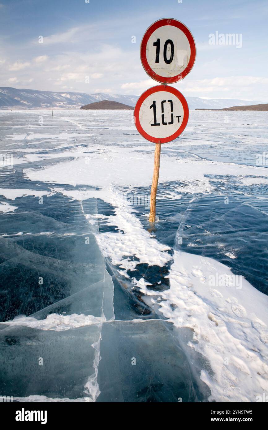 Road signs during the winter on the frozen Lake Baikal, Siberia, Russia ...