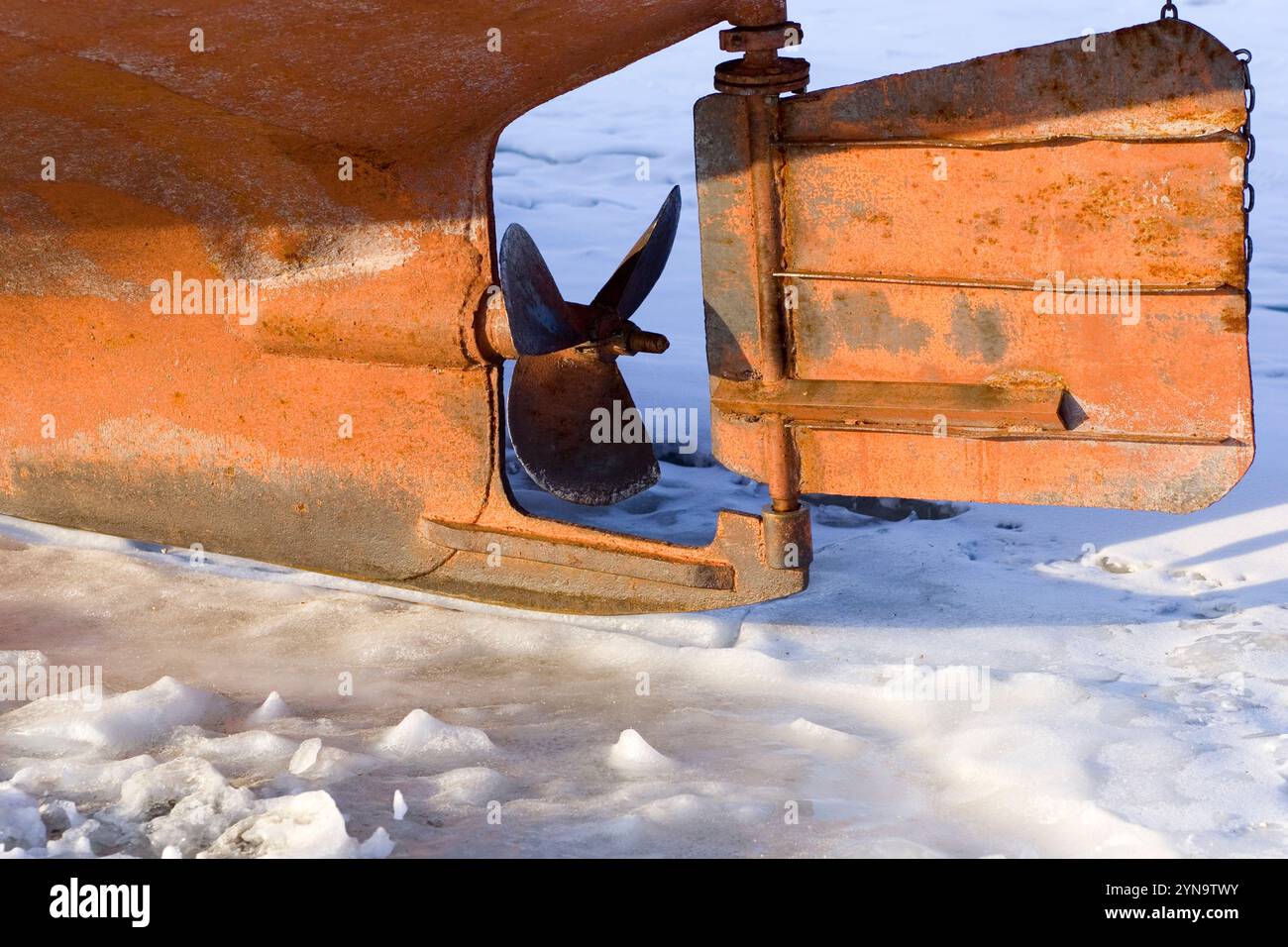 A close up of a ship's propeller on the frozen Lake Baikal in Olkhon ...