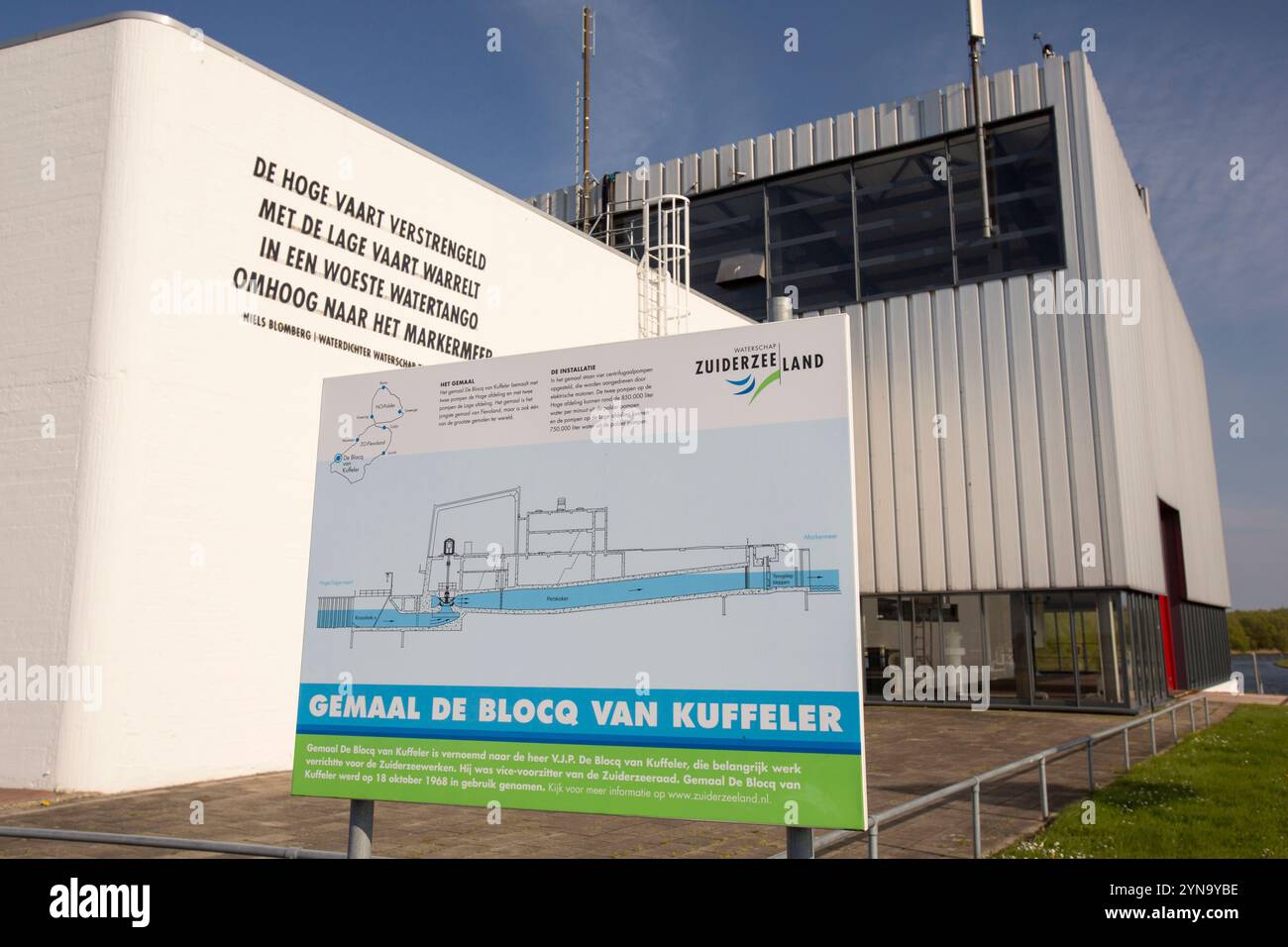 Exterior of pumping station in reclaimed polder land in Netherlands ...