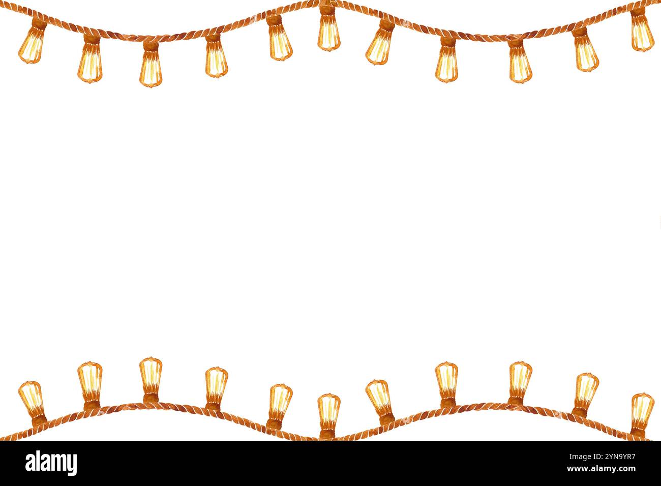 Outdoor string lights, jute rope stretched for hanging, watercolor ...