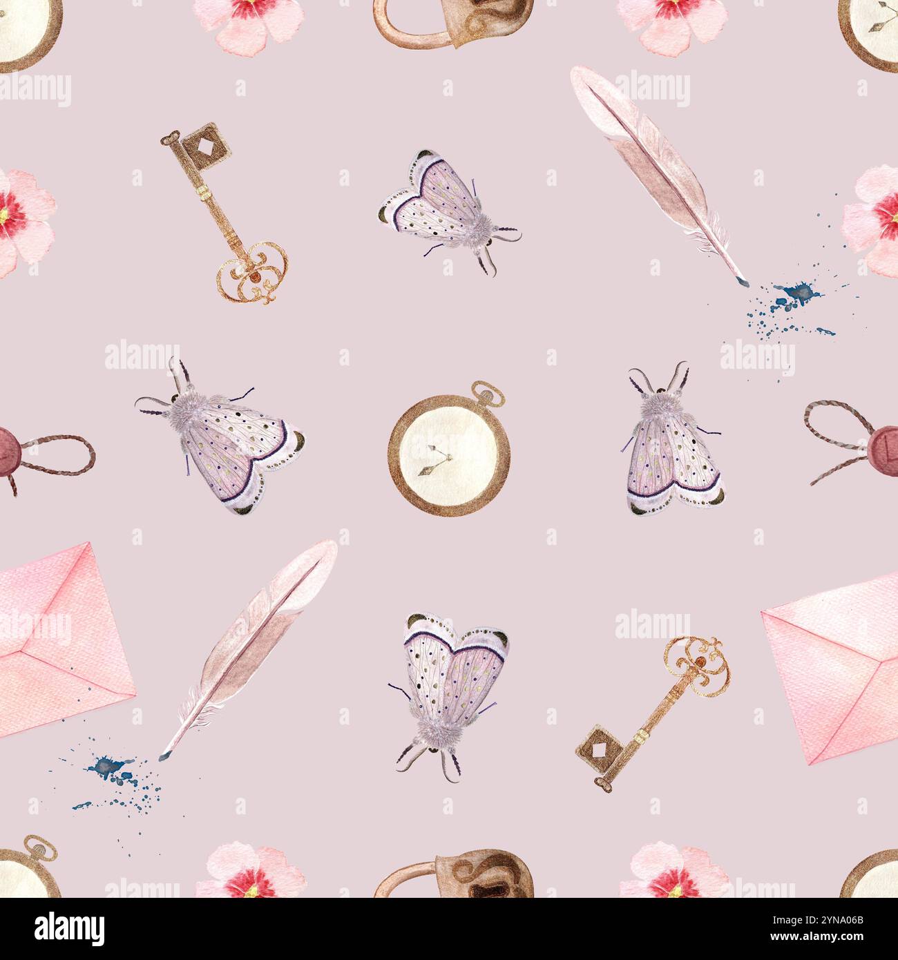 Antique key and a lock, pink moth, a quill and an envelope watercolor ...