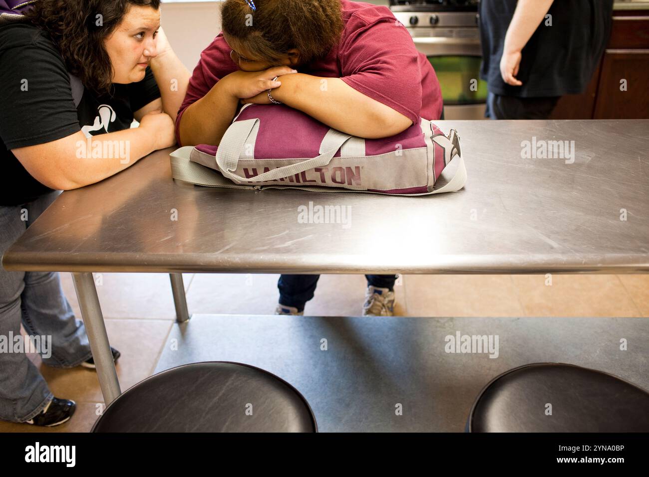 Reedley, California, United States. Obese teens await the beginning of ...