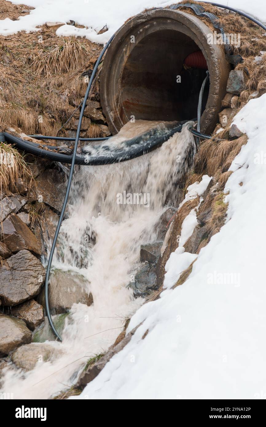 Water Flowing from Drainage Pipe Surrounded by Snowy Landscape Stock ...
