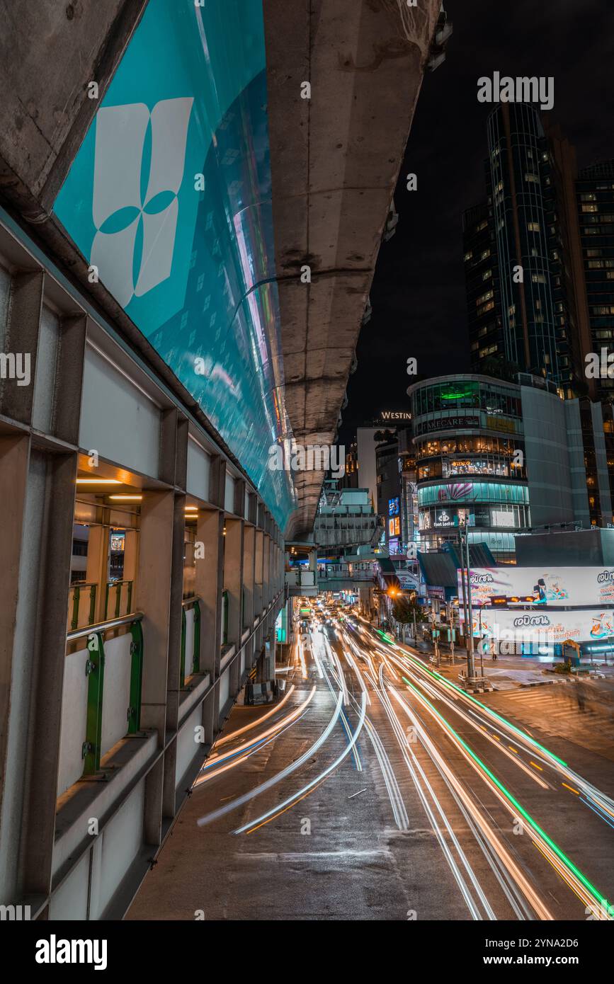 A nighttime view of Bangkok's vibrant urban landscape, with illuminated ...
