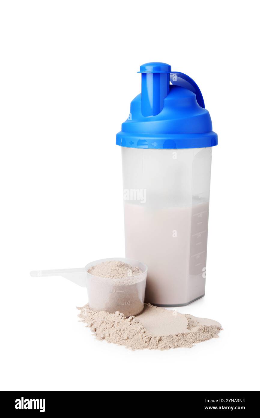 Protein powder in scoop and shaker isolated on white Stock Photo - Alamy