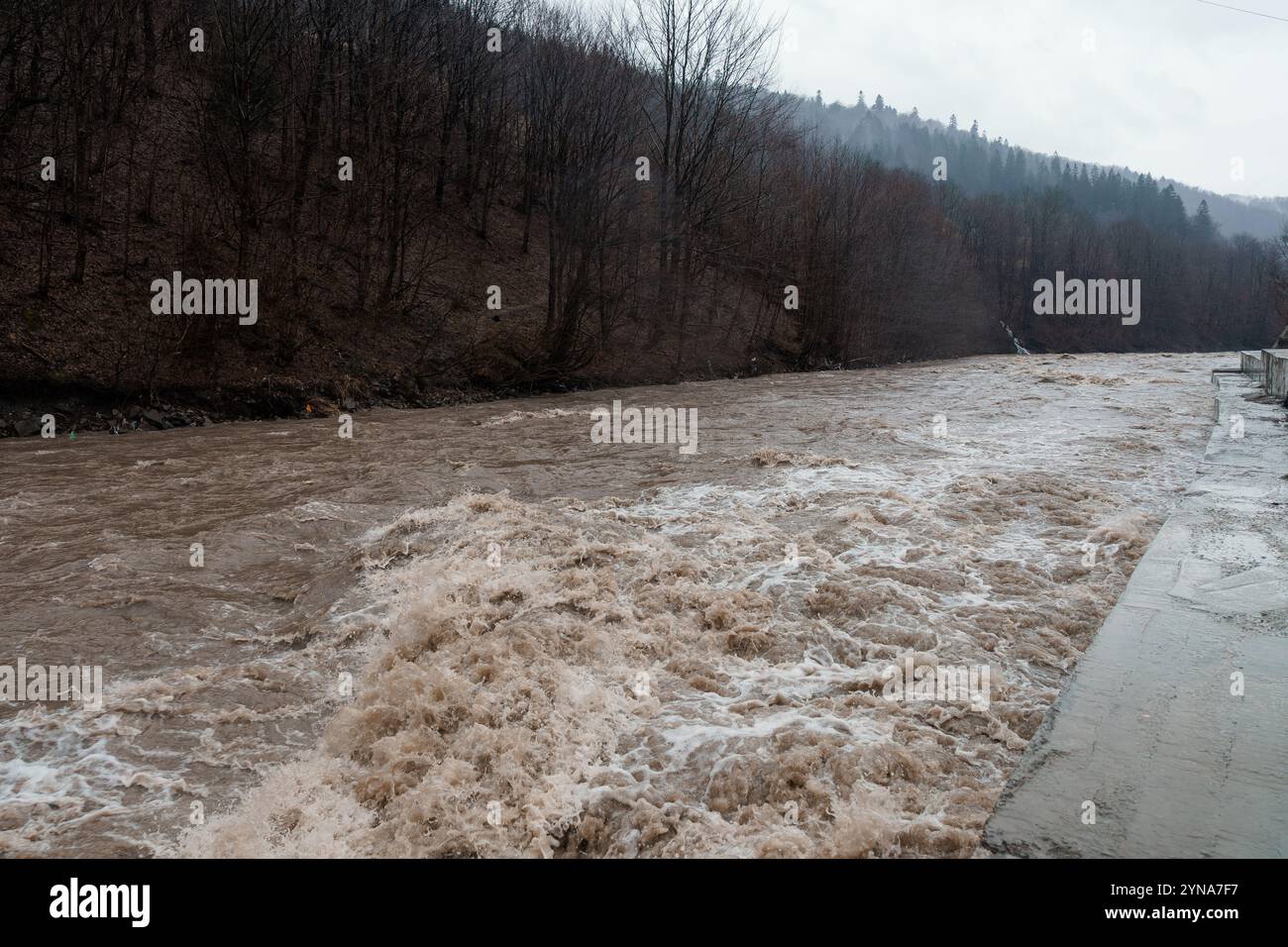 Turbulent Waters: A Raging River Amidst Rain-Drenched Landscape Stock ...