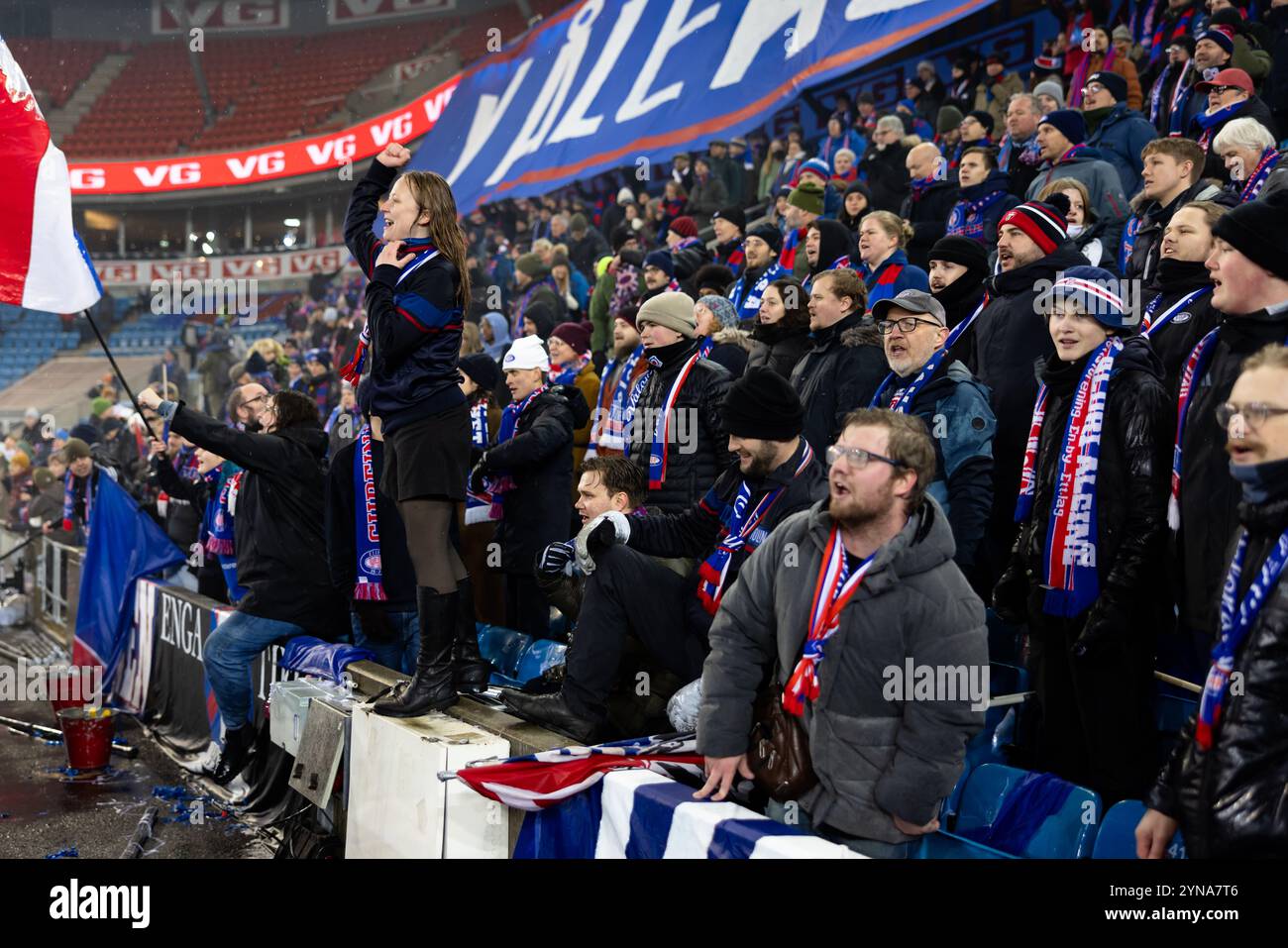 Oslo, Norway. 24th, November 2024. Football fans of Vaalerenga seen during on the stands during ...