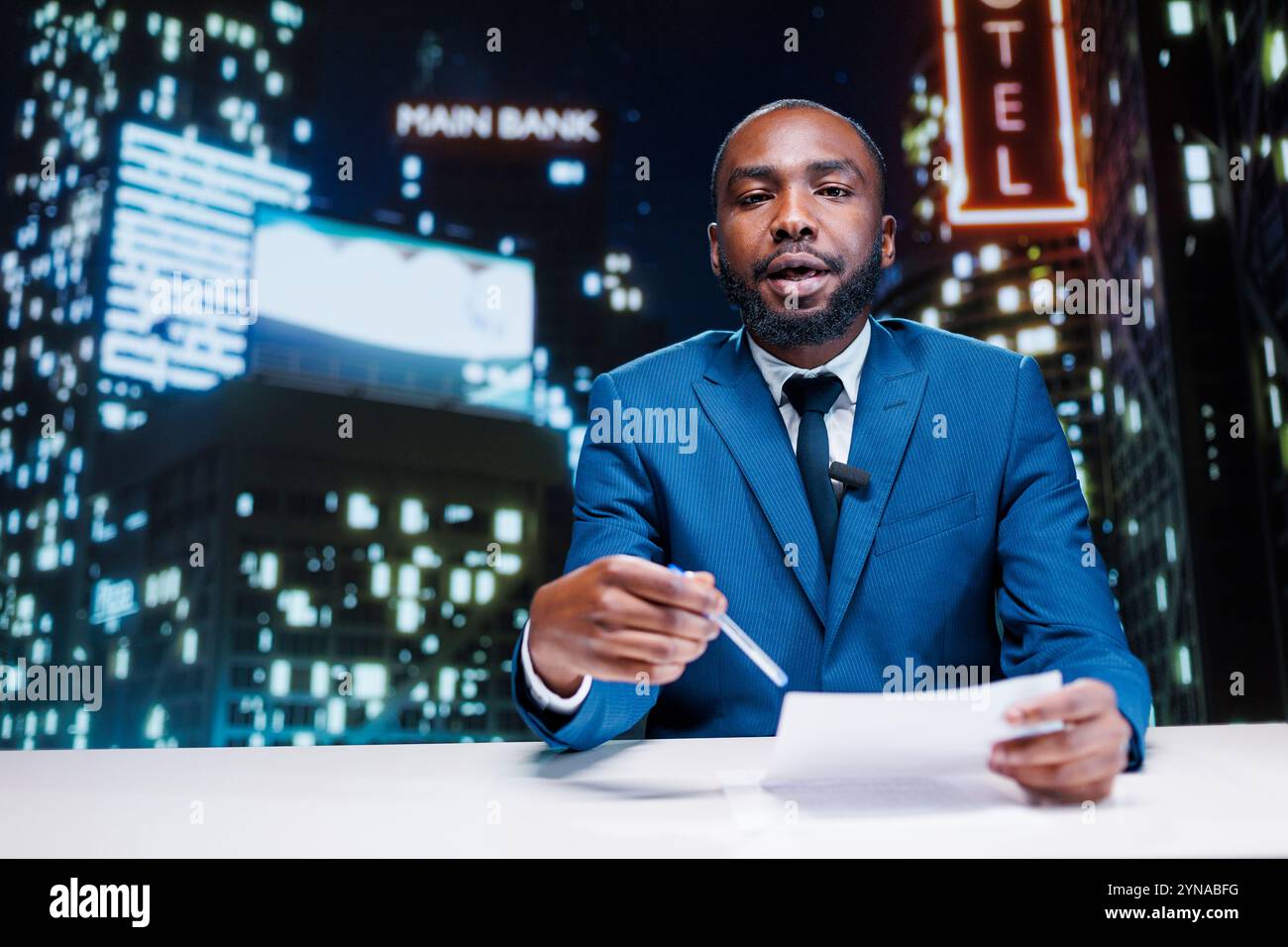 TV reporter doing live media newscast and presenting latest events ...