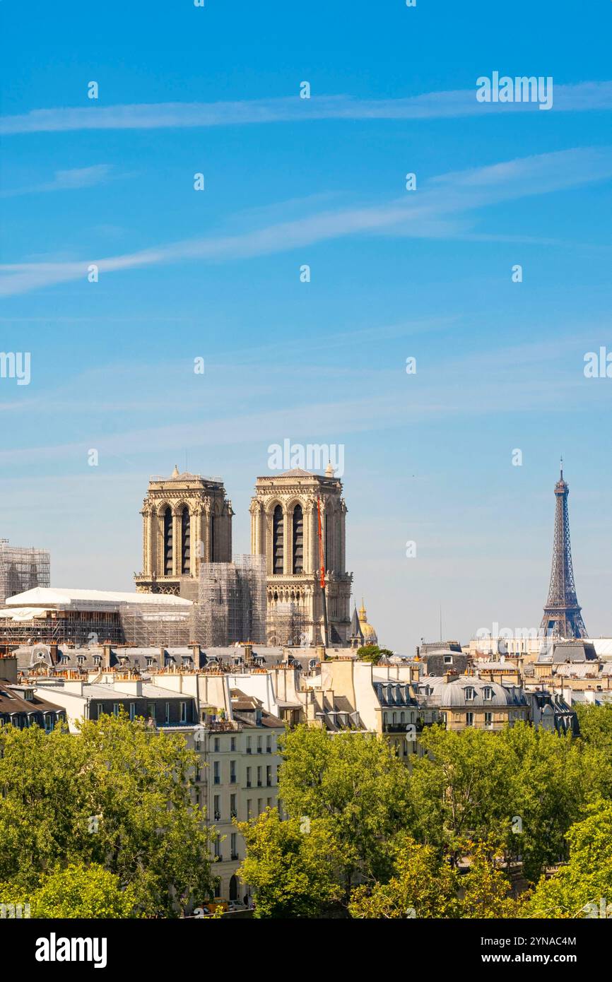 France, Paris, Notre Dame de Paris under construction and the Eiffel ...