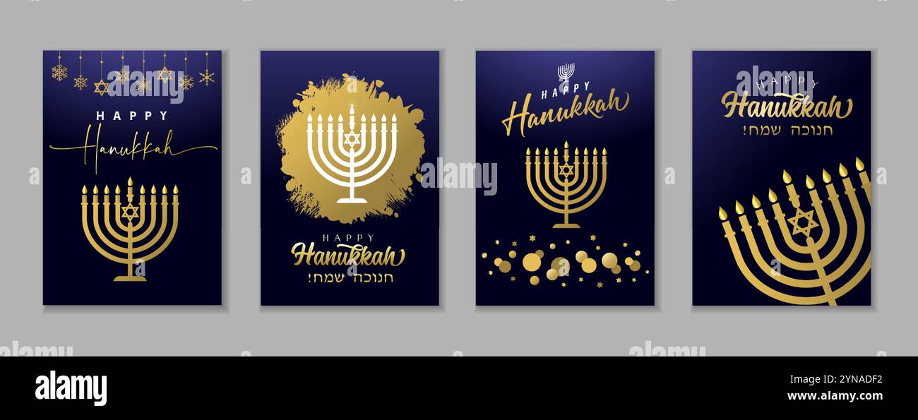 Happy Hanukkah covers template set with golden menorah and hanukka ...