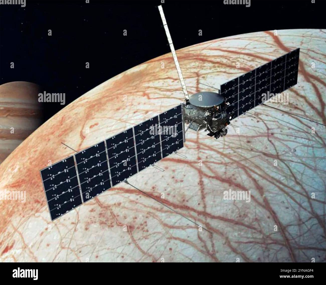 EUROPA CLIPPER NASA space probe shiwn above the Europa moon of Jupitar. Image: Nasa Stock Photo ...