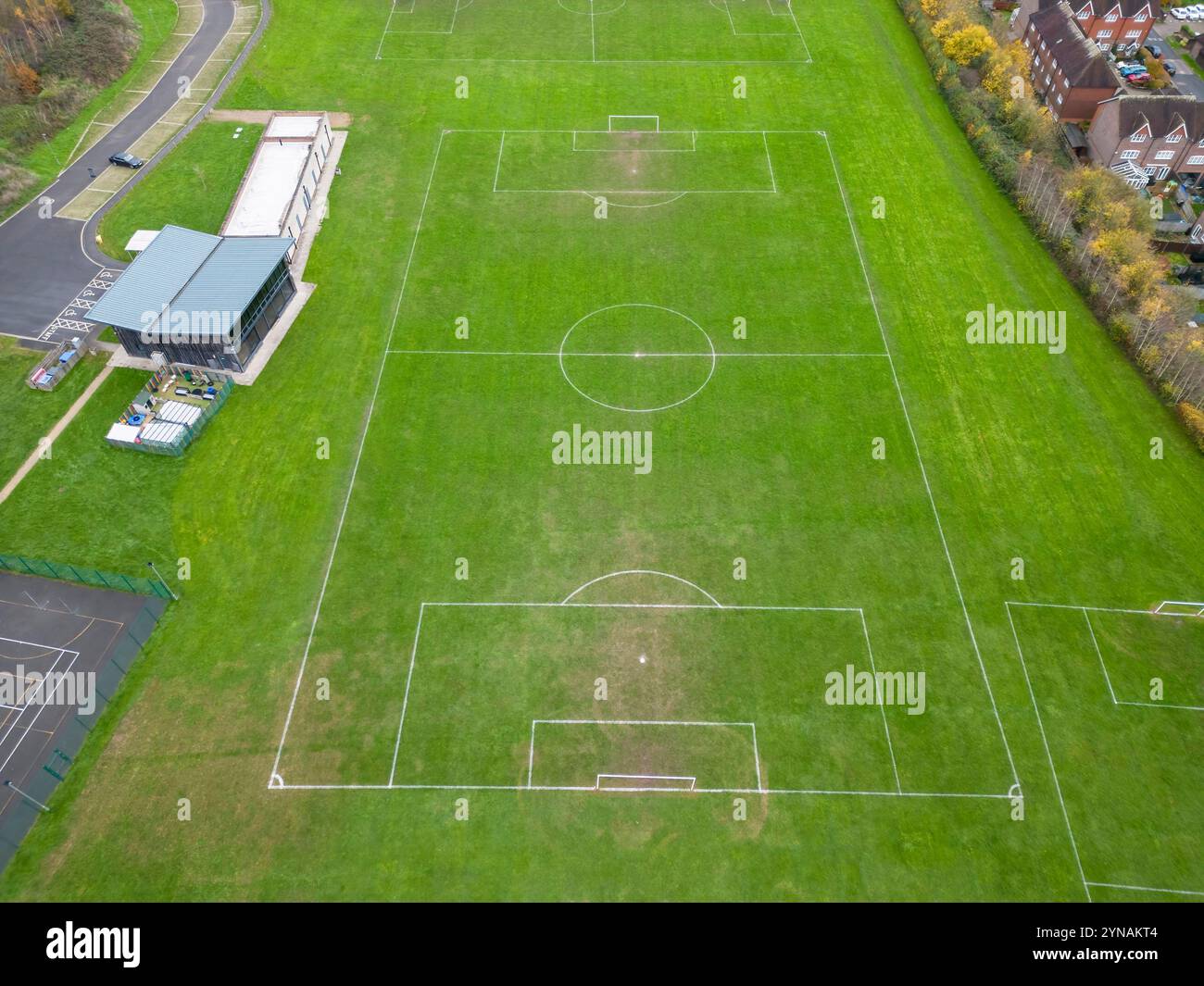 aerial view of the woodside community centre and football pitches in ...
