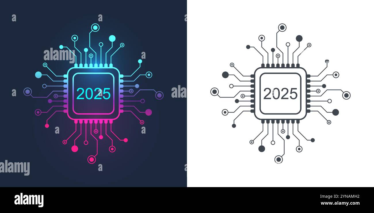 Happy New Year 2025 text design on the chip, component, microchip ...