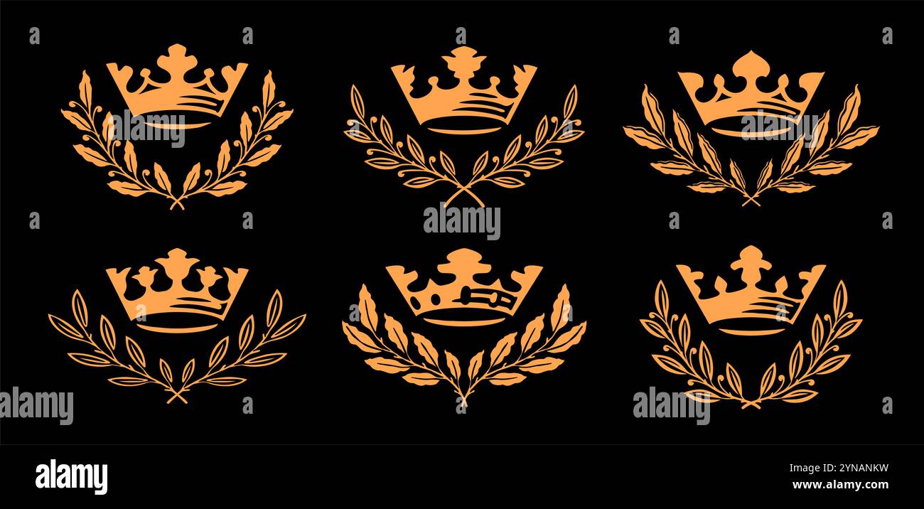 Golden crown with laurel wreath. Set of emblems symbols for royal ...