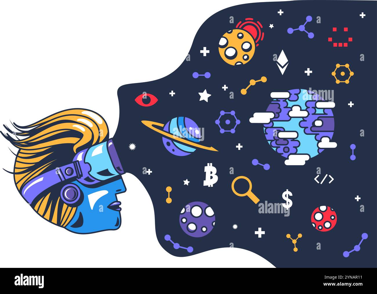 User in virtual reality glasses looks into Metauniverse. High tech ...