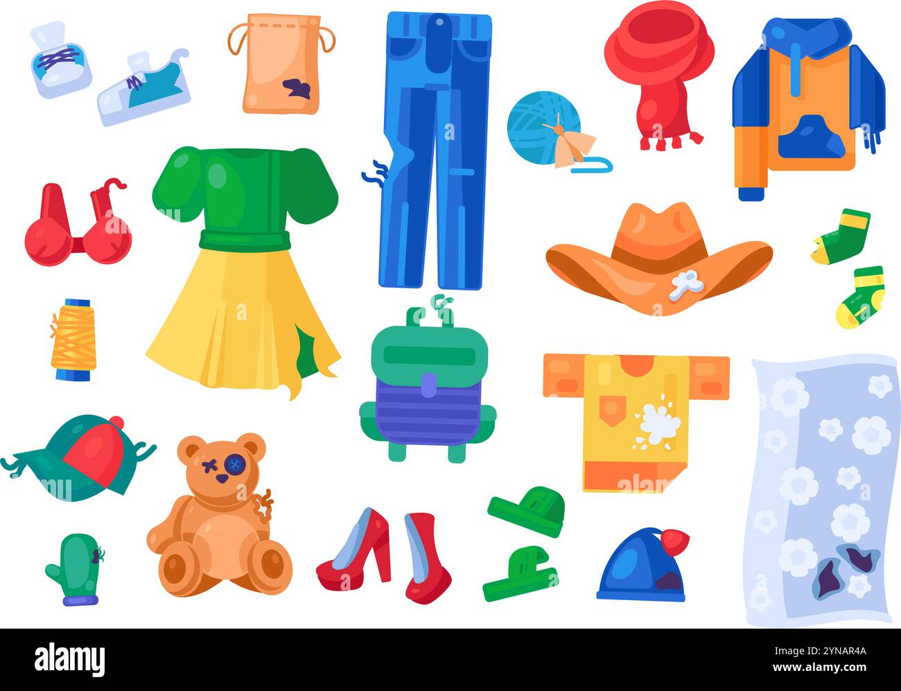 Collection of worn holey unwanted textile objects. Items out of use and ...