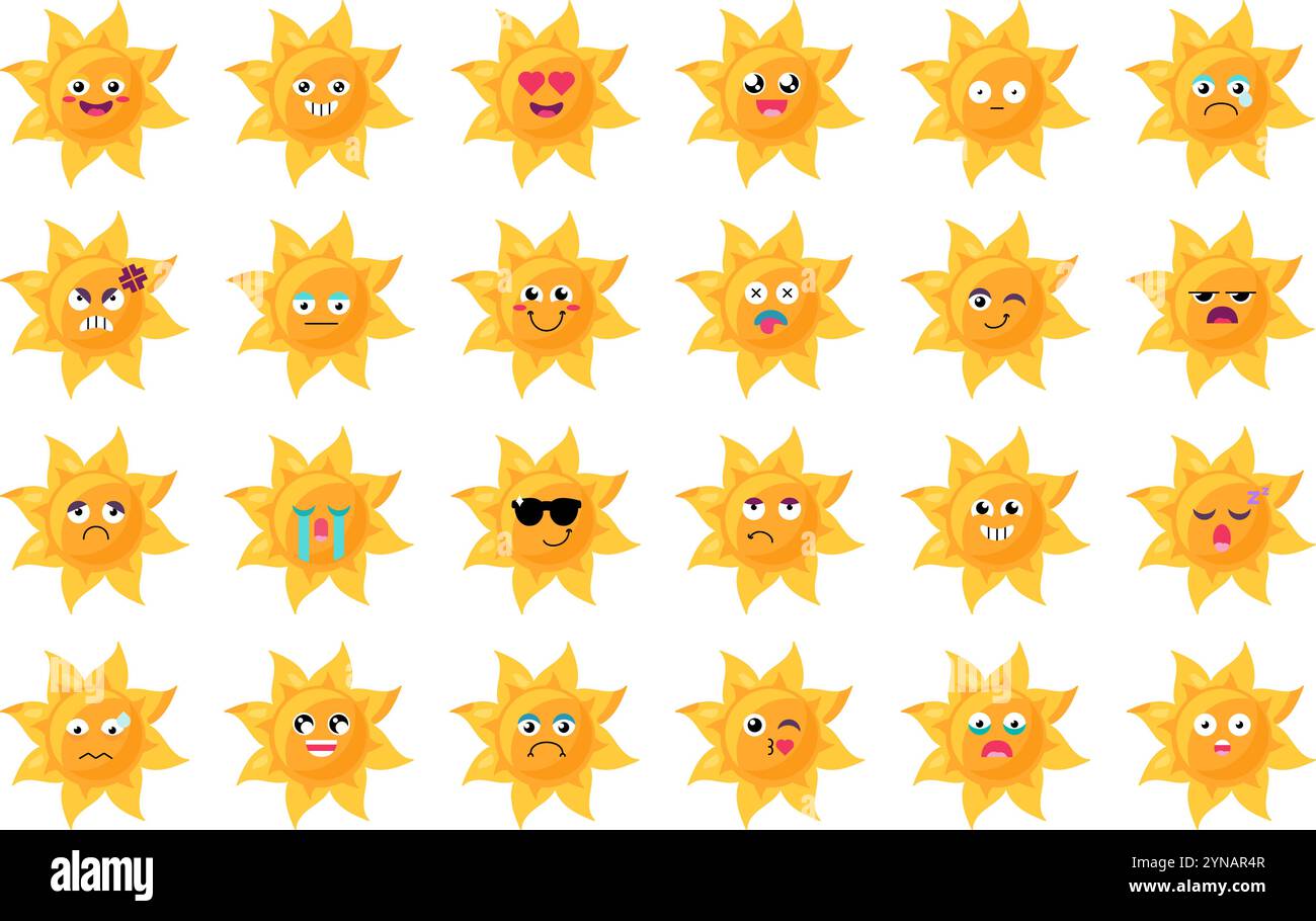 Facial expressions and moods of yellow Emoji sun. Design element for ...