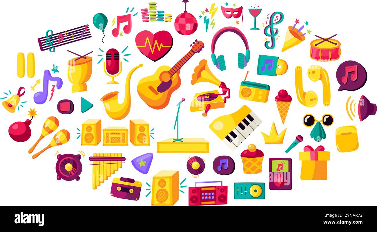 Set of classical and modern musical instruments assembled into large ...