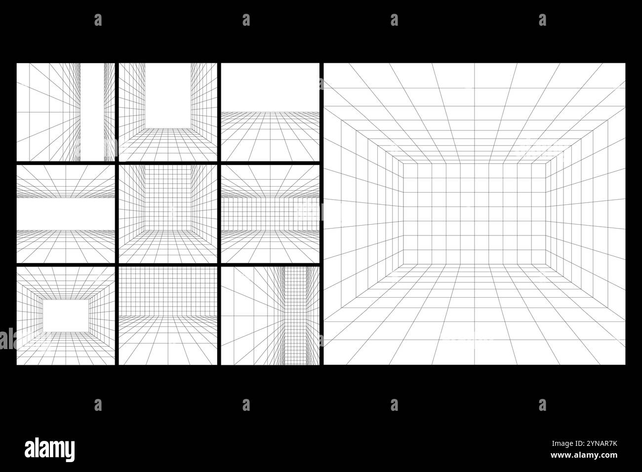 Grid structure of empty room set with white far wall. Geometric grid structure collection of ...