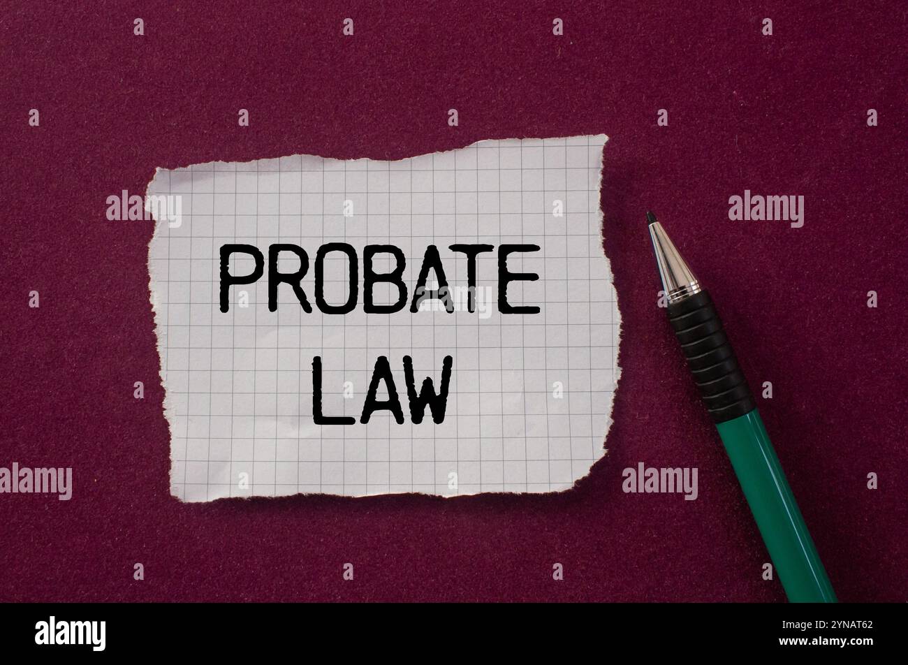 Probate law message written on ripped torn paper piece with purple ...