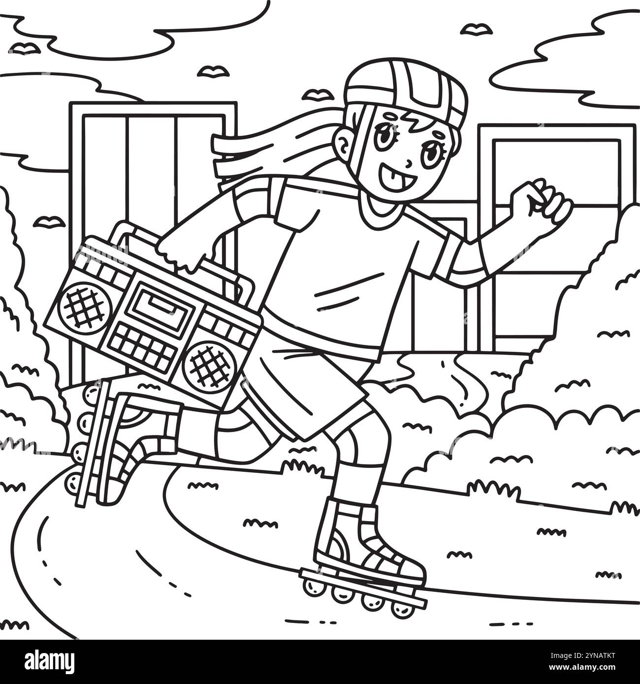 Female Inline Skater with Radio Coloring Page Stock Vector Image & Art ...