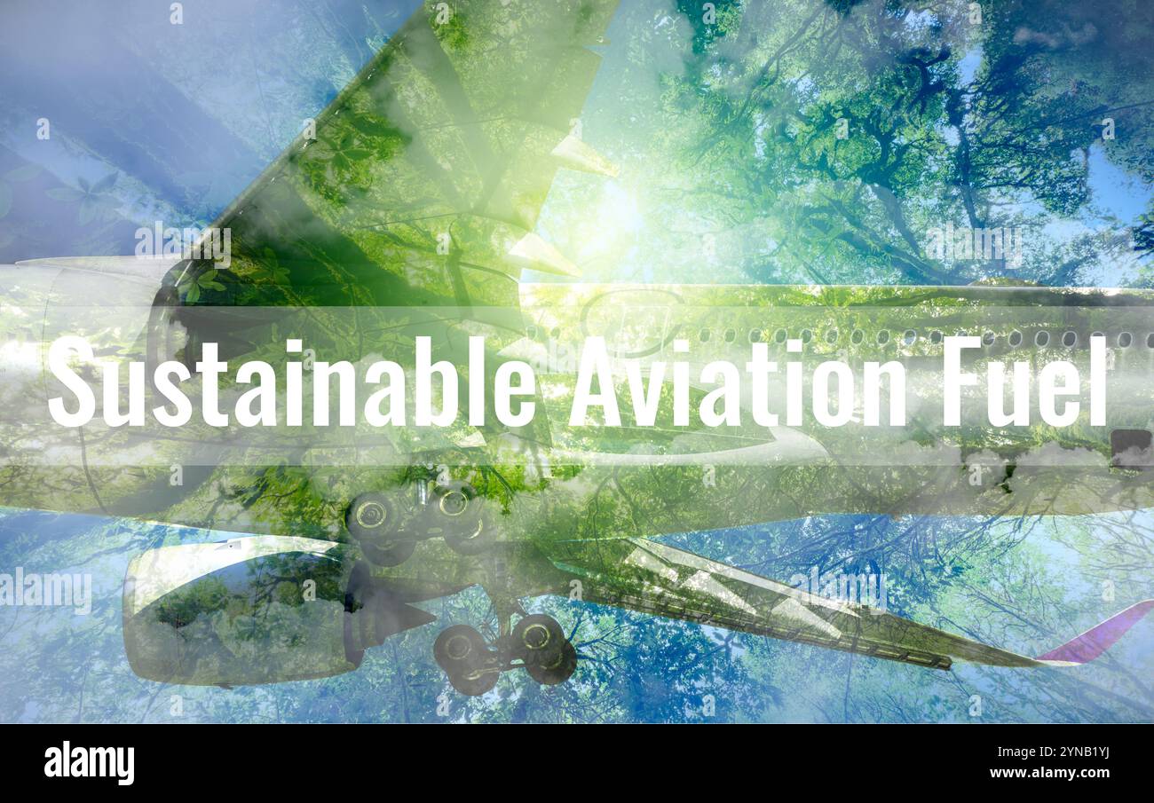 Sustainable aviation fuel concept. Net zero emissions flight. Sustainability transportation. Eco ...