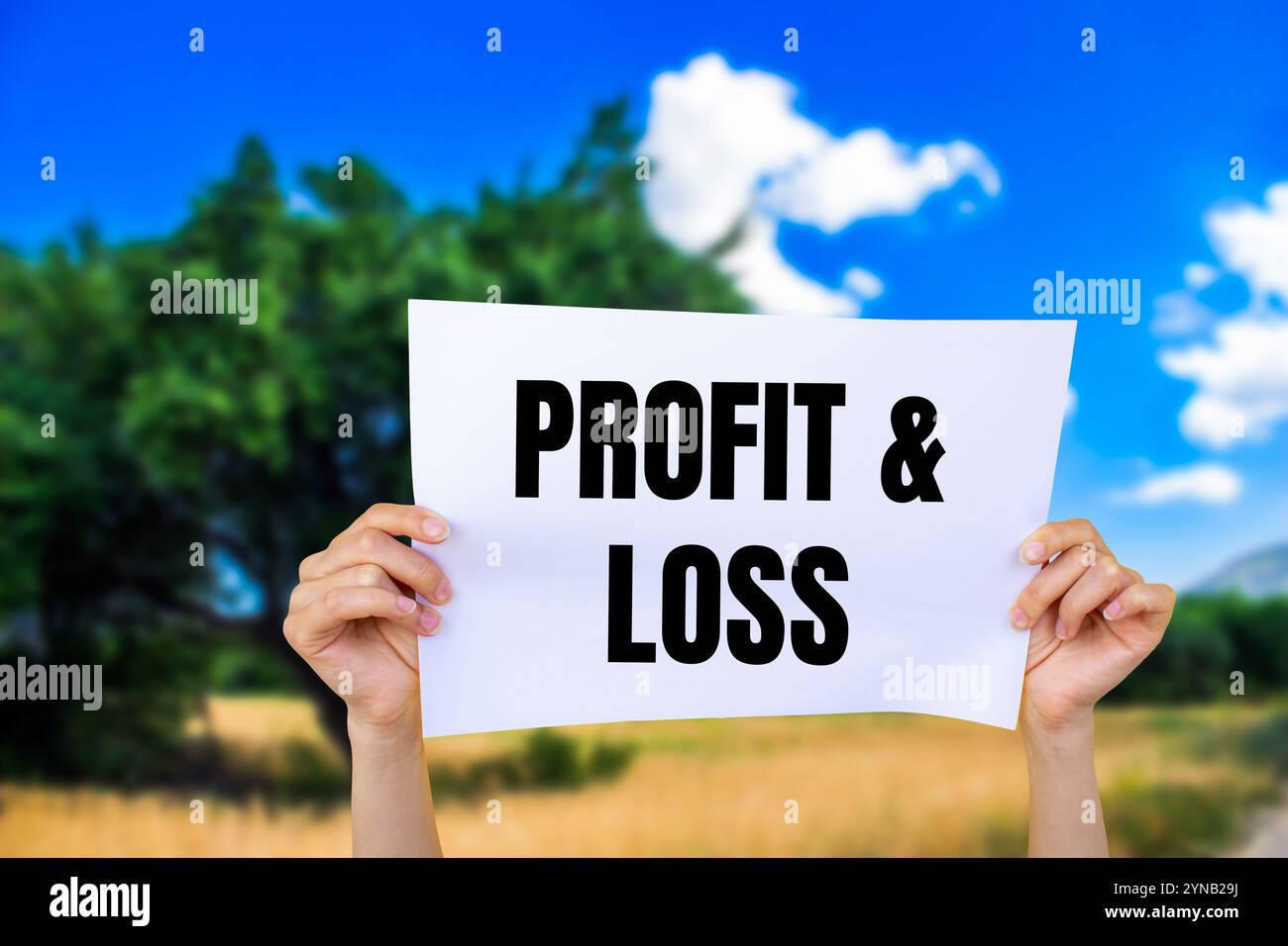 Profit and loss message written on white paper with nature background ...