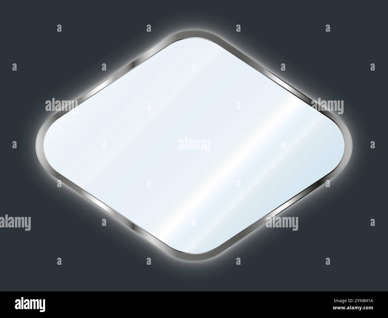 Realistic diamond-shaped mirror with rounded edges in a silver frame ...