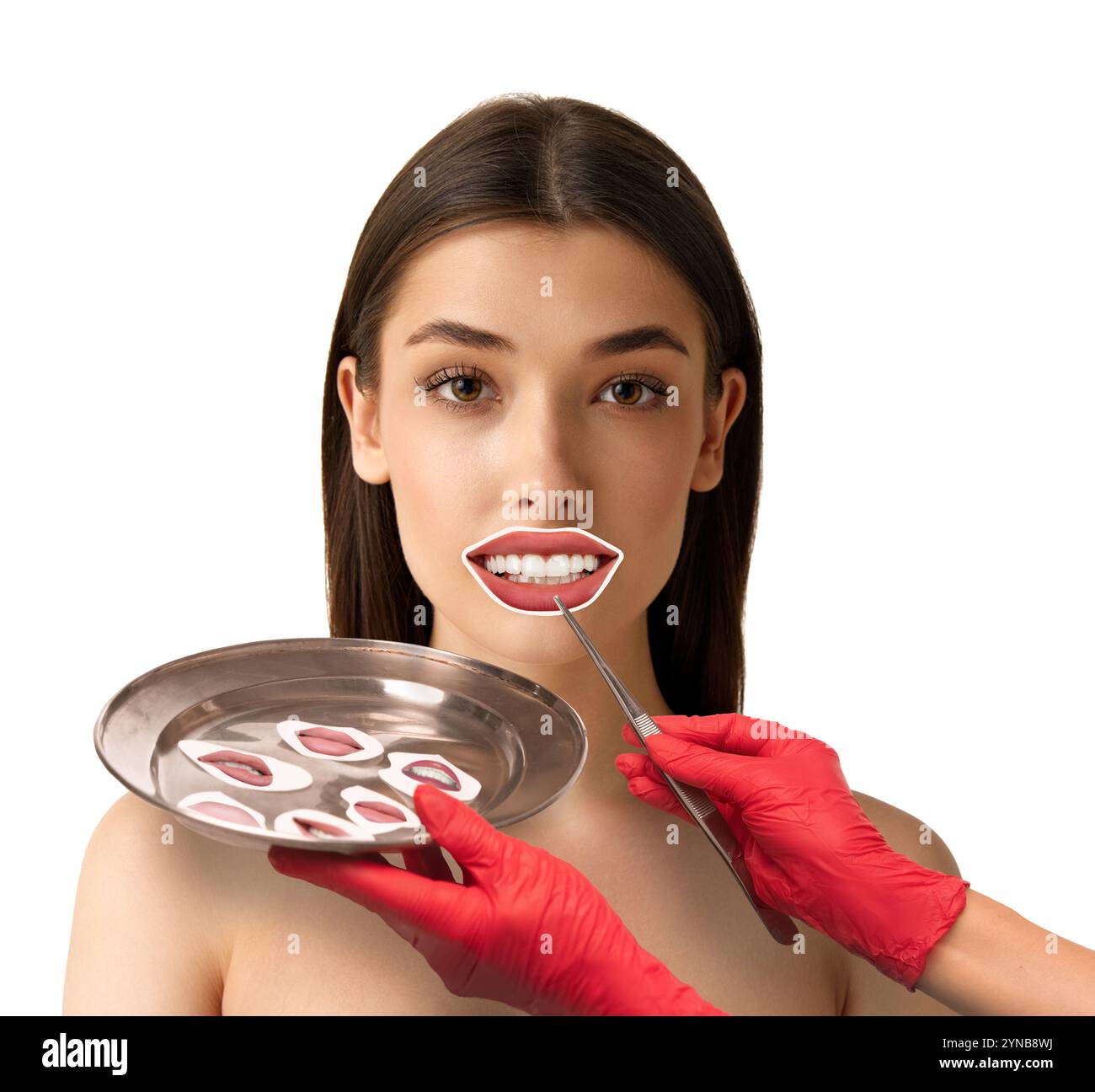 Young beautiful woman with tray of lip shapes, highlighting aesthetic ...