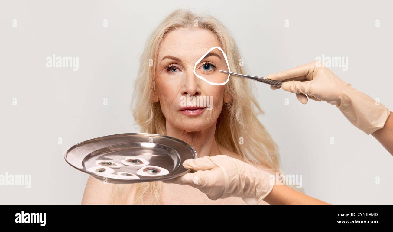Elderly woman with tray of eye shapes and one near her face ...