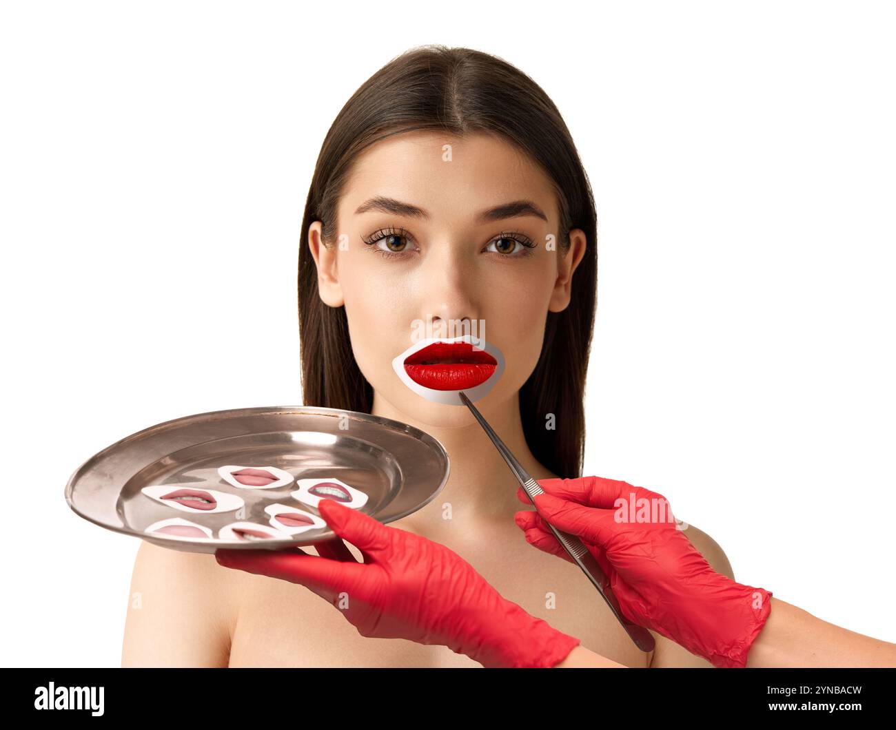 Lip augmentation, Young woman attending cosmetologist for creating ...