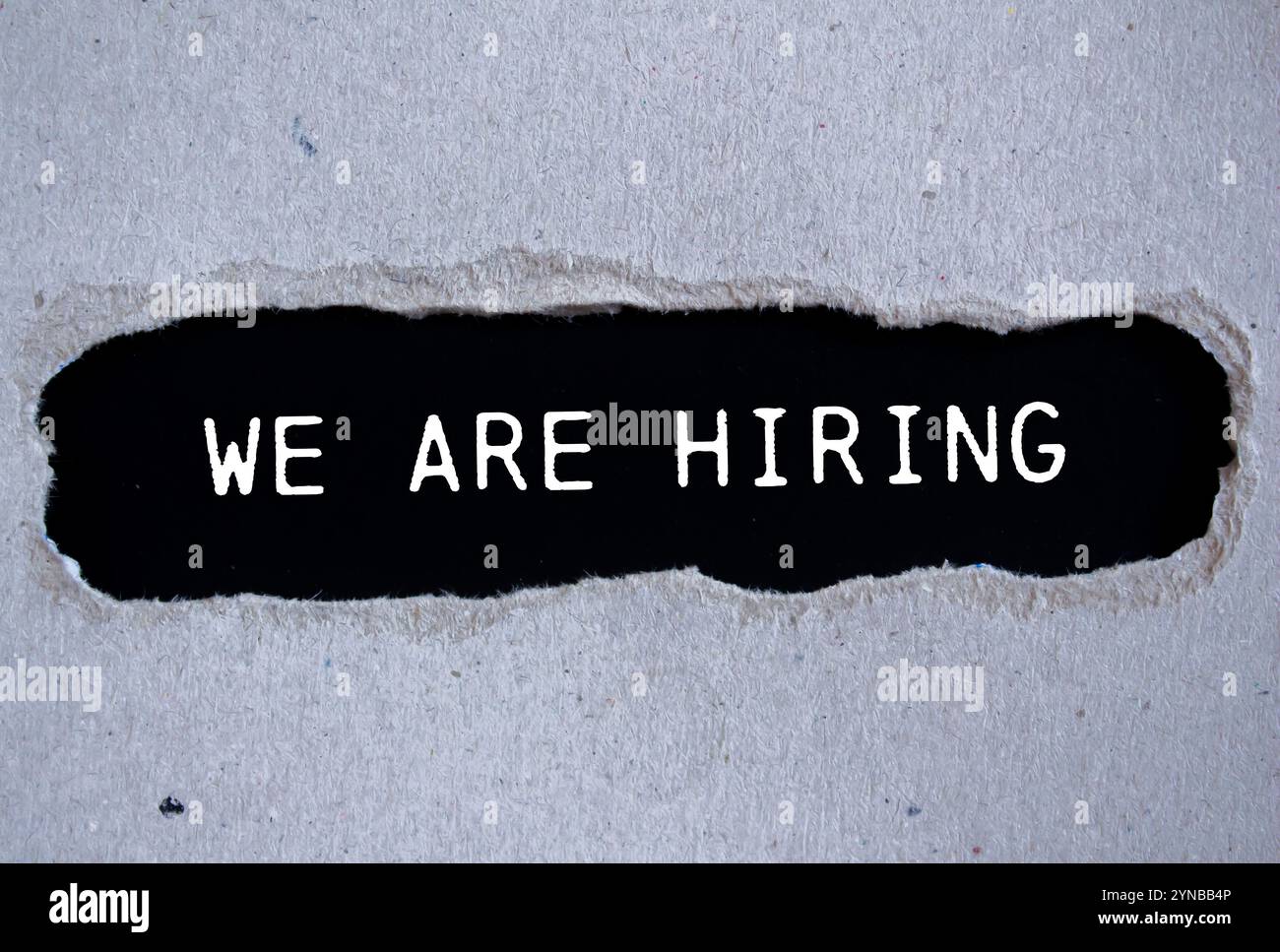 We are hiring message written on ripped torn gray paper with black background. Conceptual we are ...