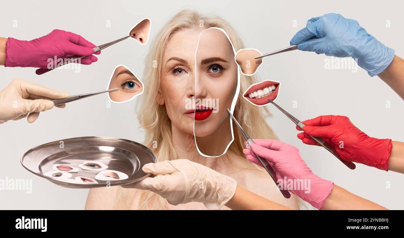 Split image of senior woman face showing pre- and post-enhancement ...